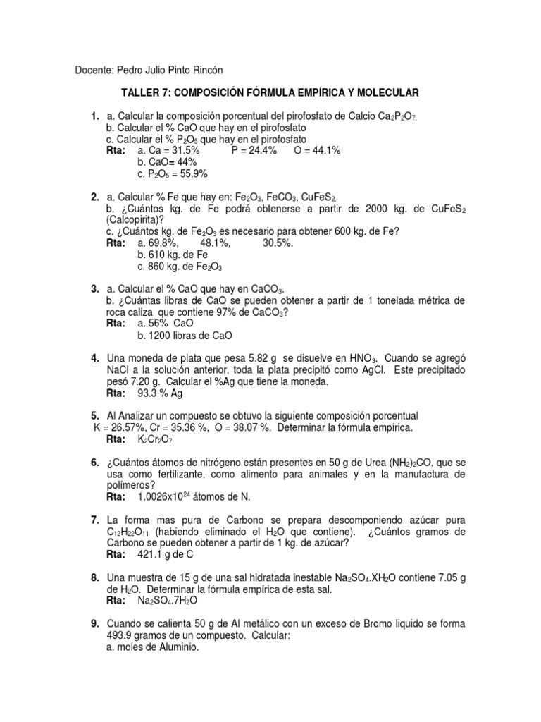 Taller Composicion Porcentual-Formula Molecular-3 | PDF