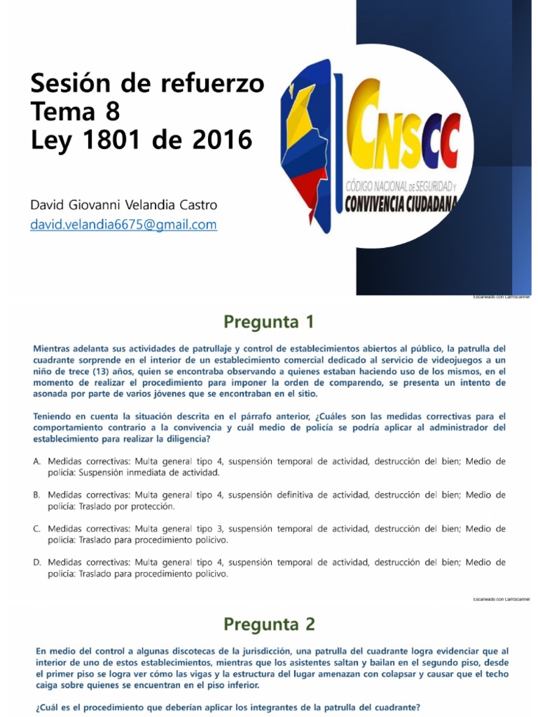 Refuerzo Tema 8 - Ley 1801 de 2016 CNSCC | PDF