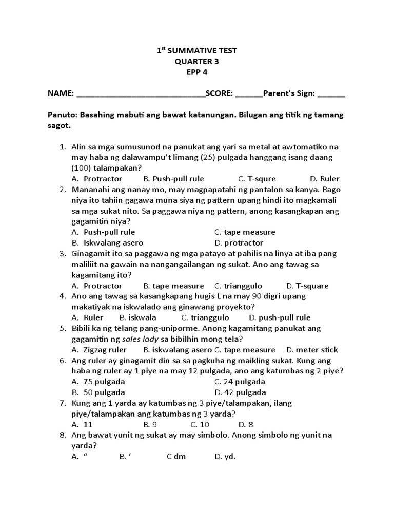 Q3 1st ST PT EPP4 MAPEH4 | PDF