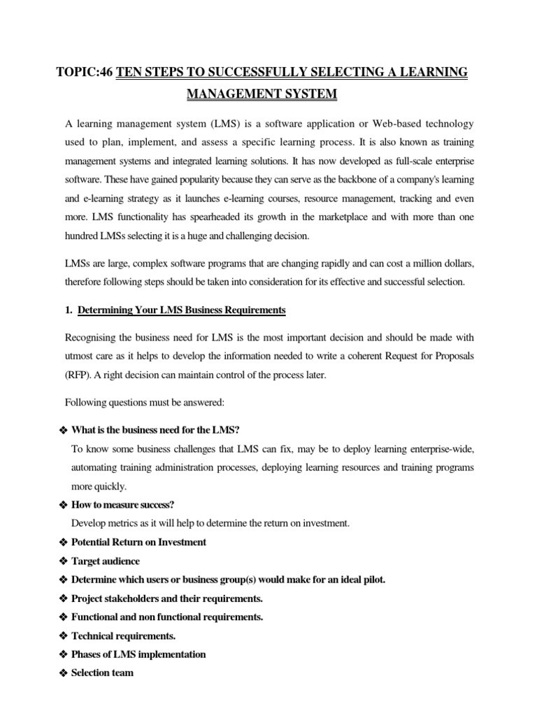 Selecting an Effective LMS: 10 Steps | PDF | Collaboration | Request ...