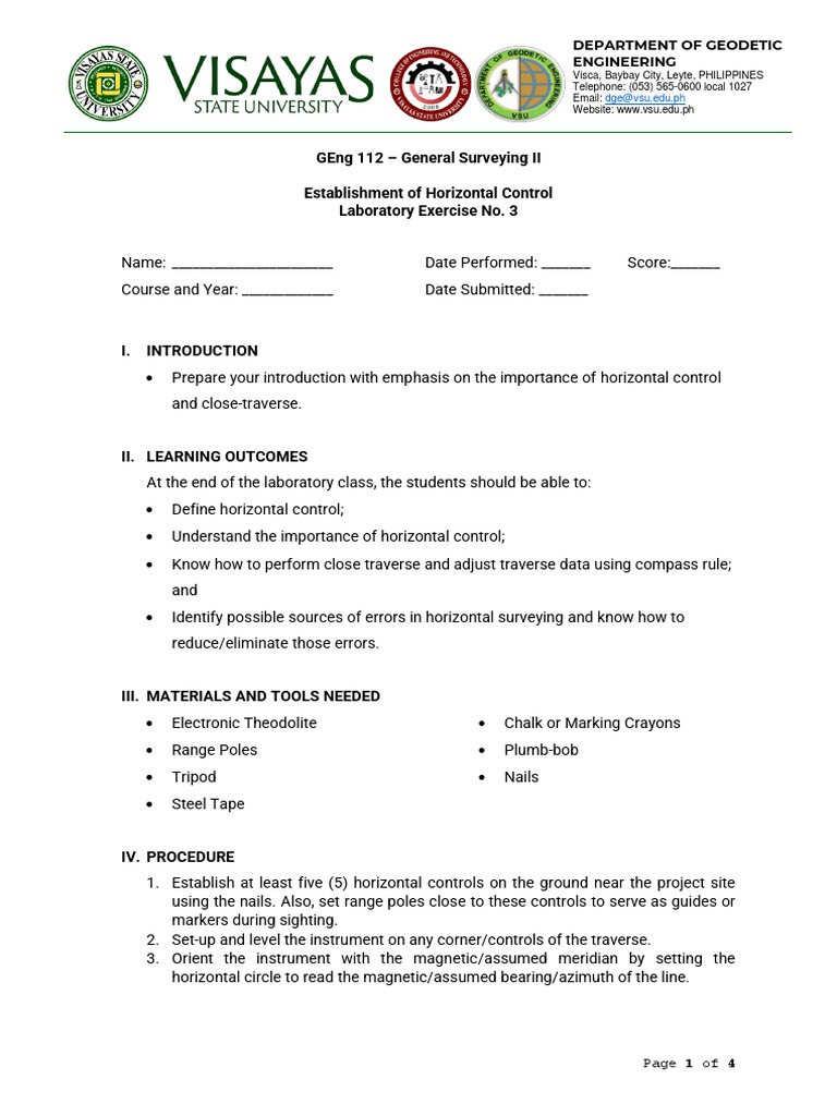Laboratory Exercise No. 3 - Establishment of Horizontal Control - v1.00 | PDF
