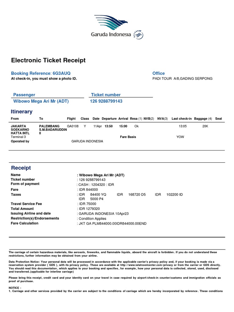 Tiket Garuda-Jkt-Palembang-Mr - Mega Ari Wibowo-11 Apr'23 | PDF