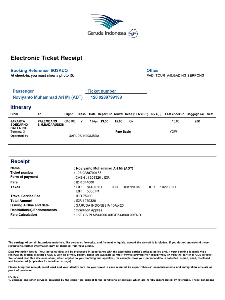 Garuda Ticket: Jakarta to Palembang | PDF | Dangerous Goods | Airlines