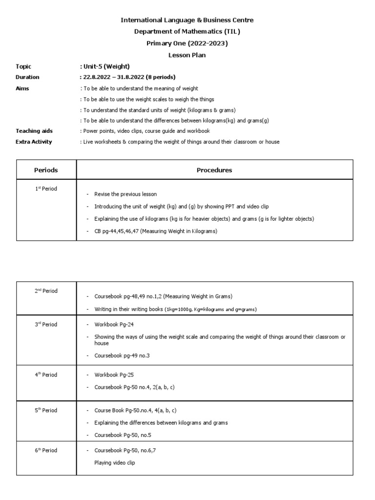 Unit-5 Weight (P1 Maths Lesson Plan 2022-2023) | PDF