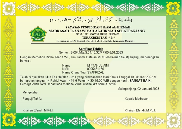 Sertifikat Tahfiz | PDF