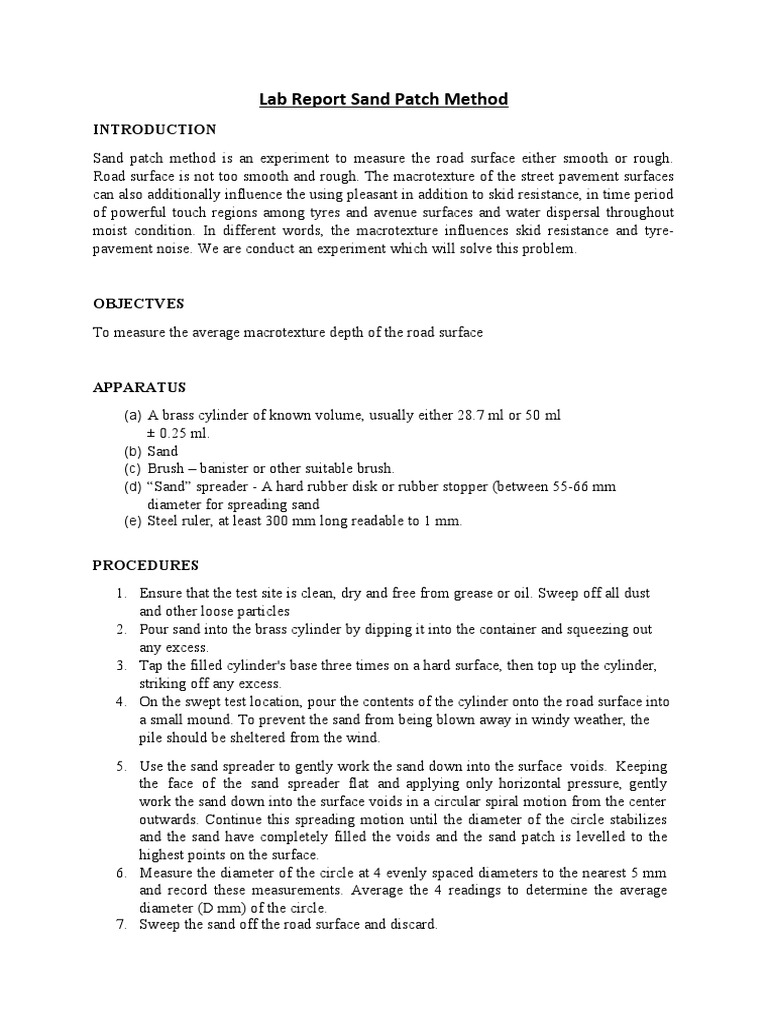Lab Report Sand Patch Method | PDF | Sand | Road