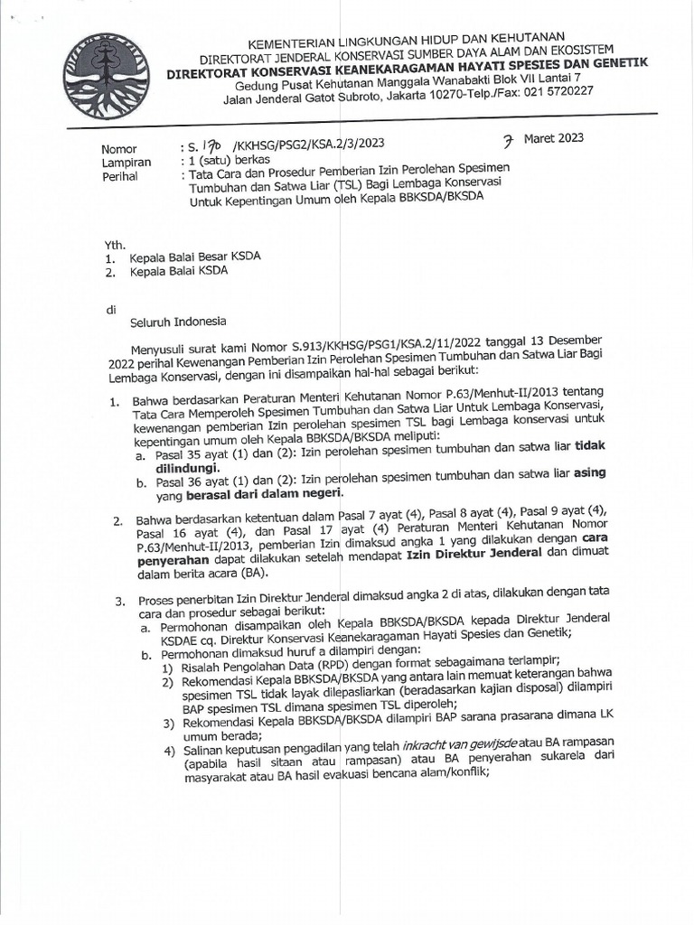 S. 170-Tata Cara Prosedur Pemberian Izin Perolehan Spesies TSL Bagi LK ...