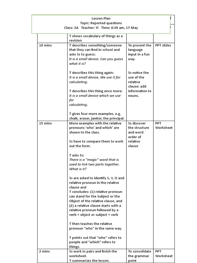 Yi - Eng - Lesson Plan - 3A | PDF | Pronoun | Clause
