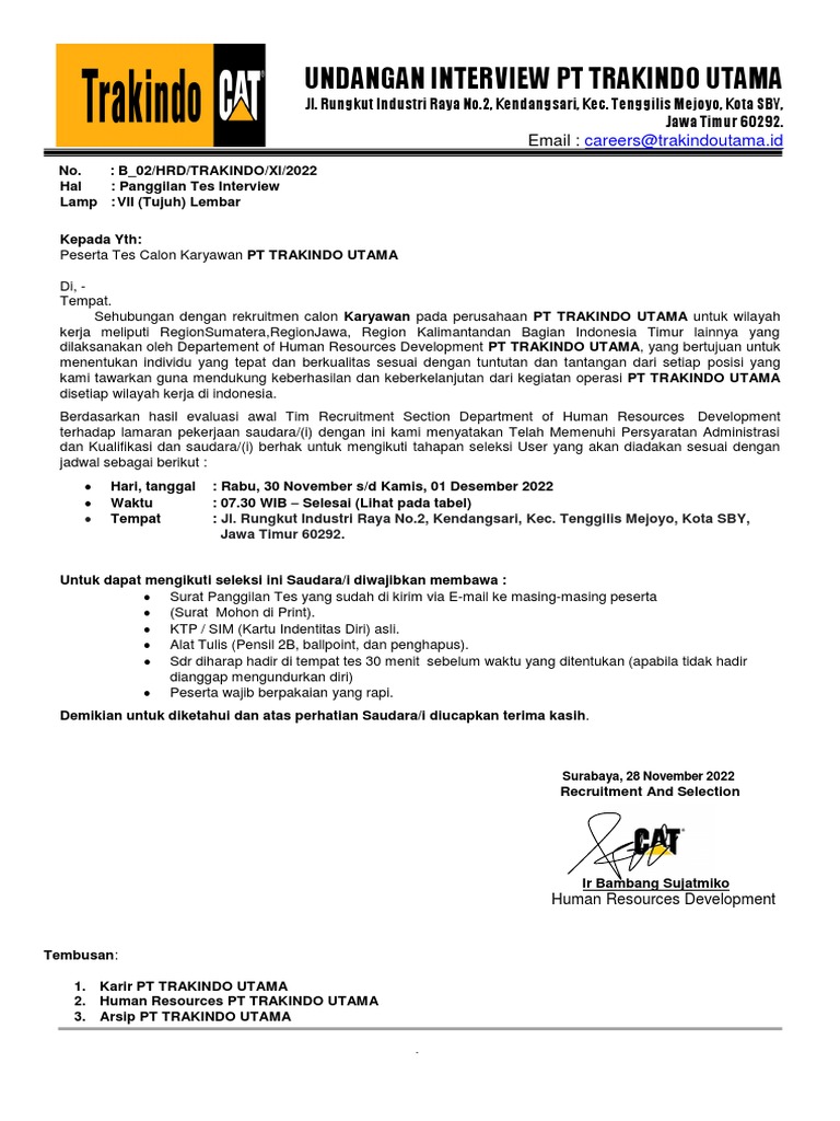 Lampiran Undangan Interview PT Trakindo Utama (TRAKINDO) | PDF