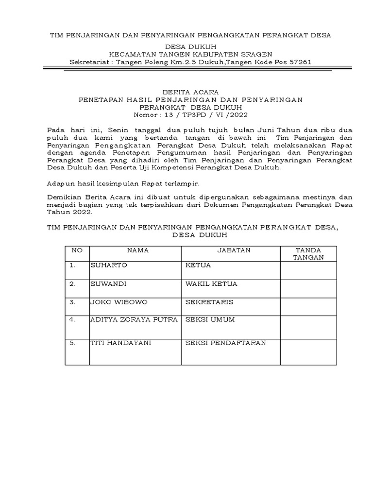 Hasil Seleksi Perangkat Desa Dukuh | PDF