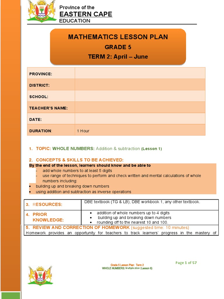 Maths Grade 5 Lesson Plans Term 2 | PDF | Subtraction | Lesson Plan