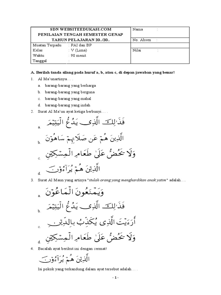 Soal PTS PAI Kelas 5 Semester Genap | PDF