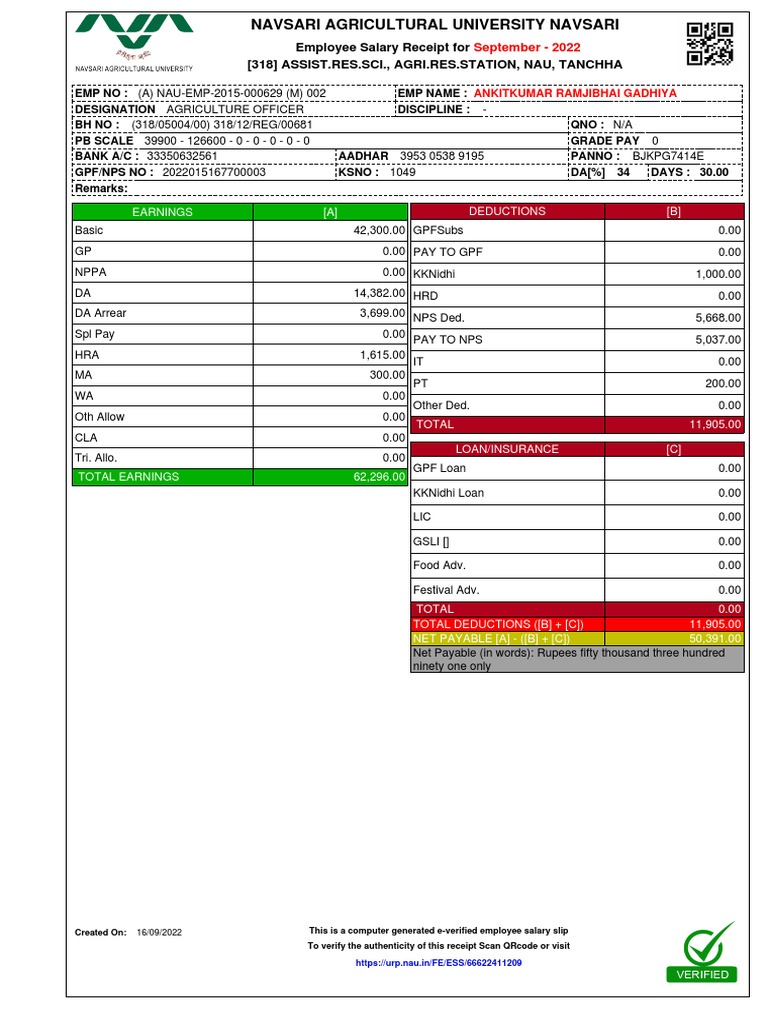 NAVSARI AGRICULTURAL UNIVERSITY Employee Salary Receipt | PDF