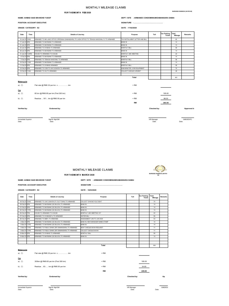 Monthly Mileage Claims Report 2020 | PDF