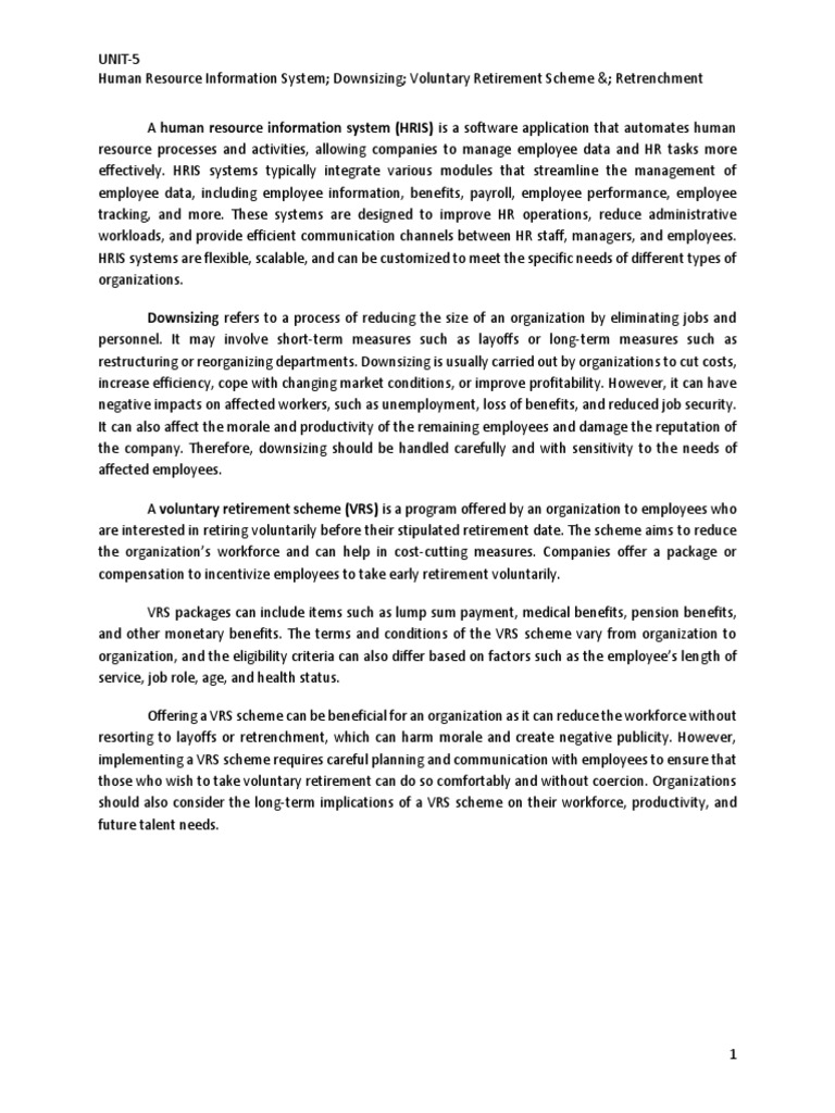 Brief Note On HRIS - Downsizing - VRS - Retrenchment | PDF | Layoff | Employment