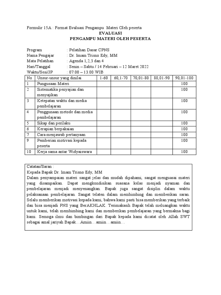 Formulir 15A Penilaain Evaluasi Coach Farid | PDF