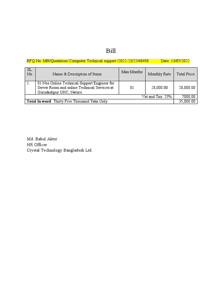 Bill For SHR Manpower Support | PDF