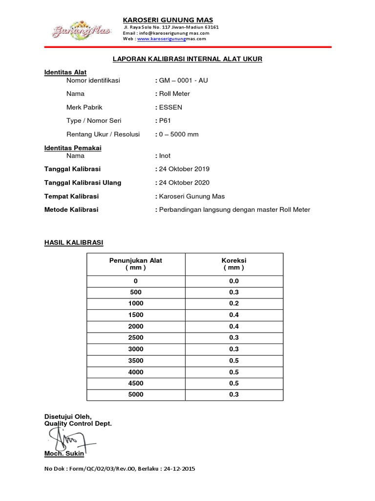 Form-QC-02-03 Laporan Kalibrasi Internal Alat Ukur - ISI 2020 | PDF