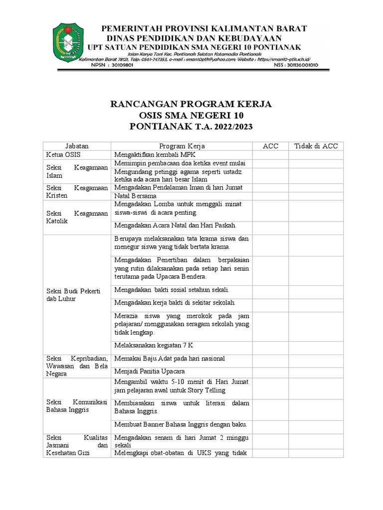 Rancangan Program Kerja Osis Sman 10 | PDF