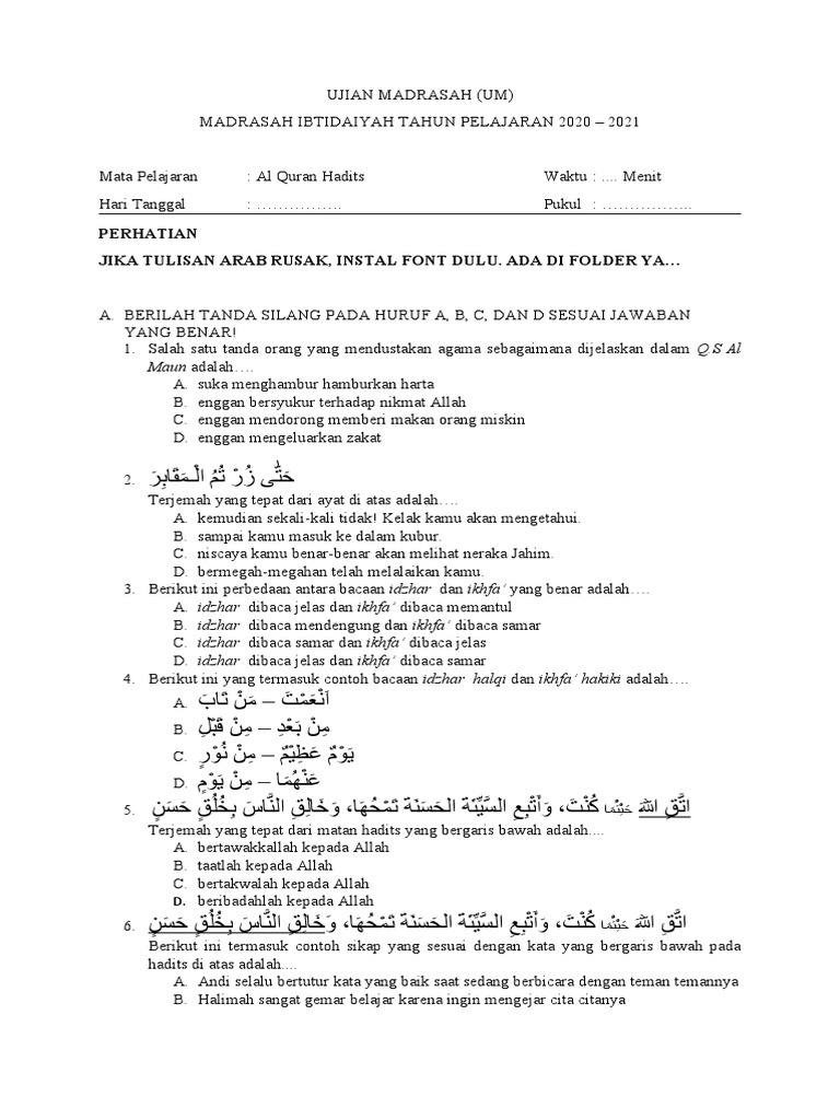 SOAL UJIAN MADRASAH AL QURAN HADITS 2020-2021 Sip | PDF