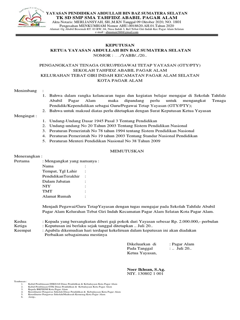 SK Pengangkatan Gty Oleh Yayasan Atas Nama Fulan-Fulanah | PDF