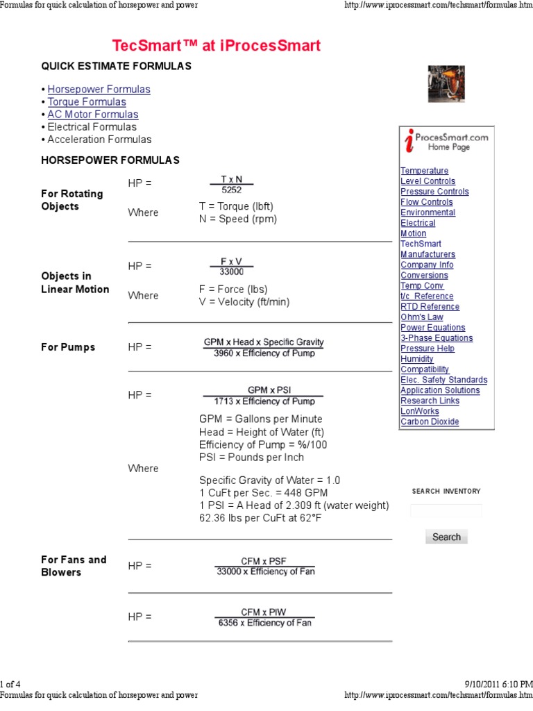 Formulas For Quick Calculation of Horsepower and Power | PDF ...