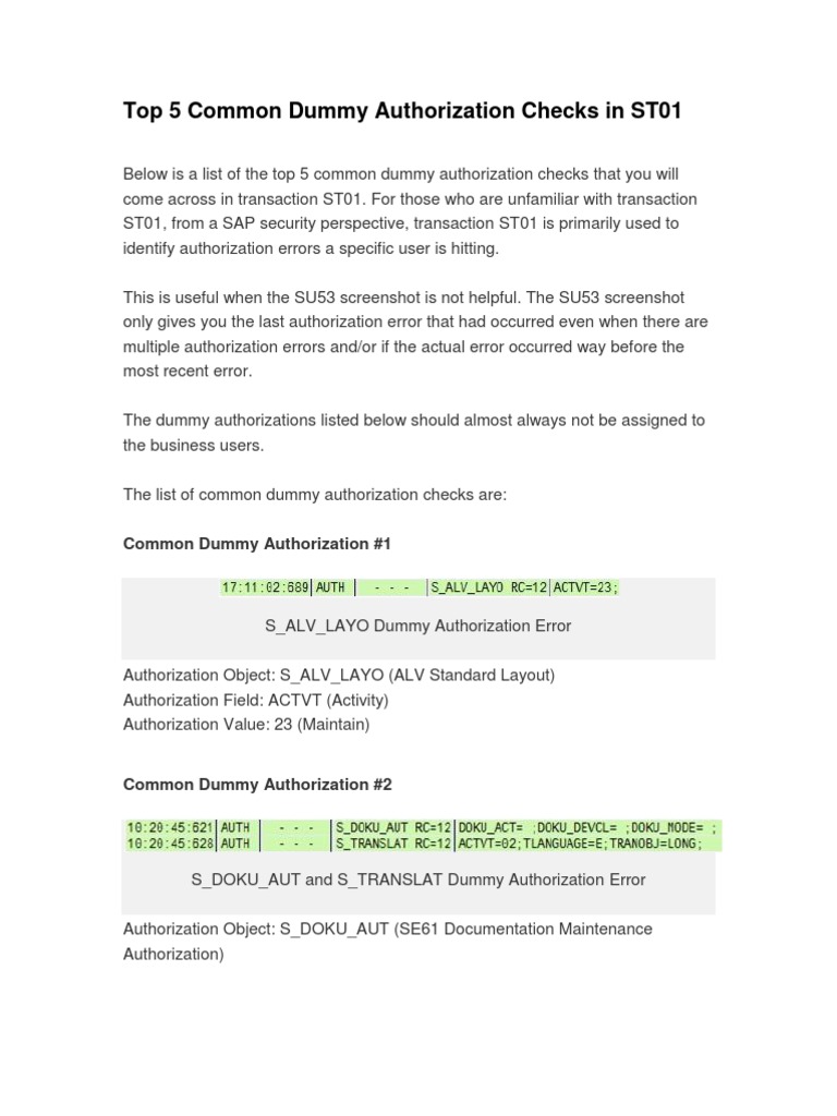 Top 5 Common Dummy Authorization Checks in ST01 | PDF | Information ...