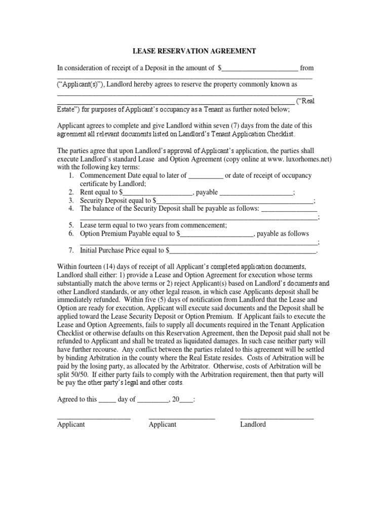 Lease Reservation Agreement | PDF | Lease | Landlord
