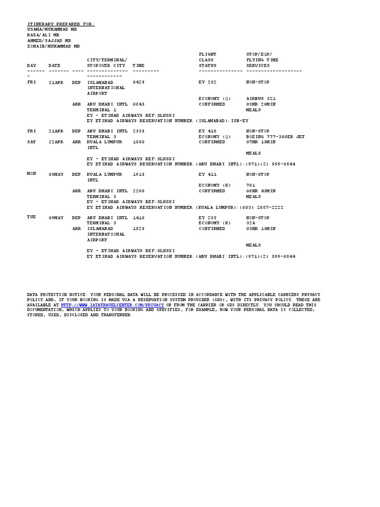 Slk8xi-Etihad 4 Pax Isb Kul | PDF