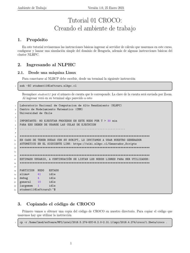 Tutorial 01 CursoAvanzadoCROCO UsoBasicoNLHPC | PDF