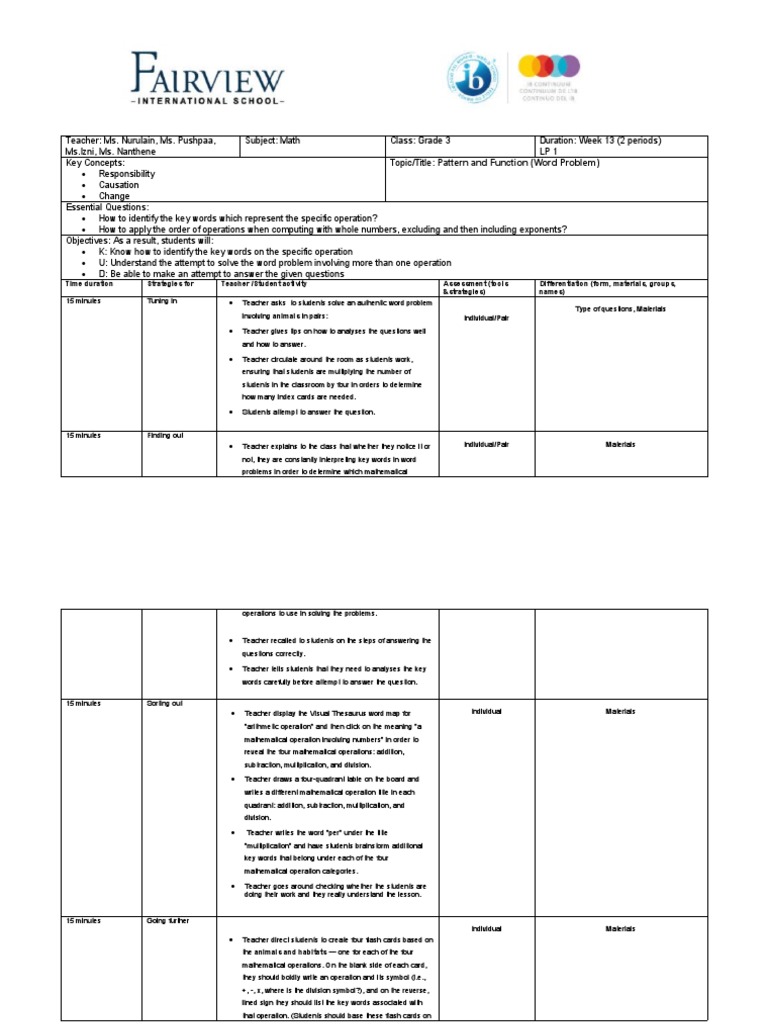 Math Lesson Plan Week 13 - Pattern and Function (Word Problem) | PDF ...