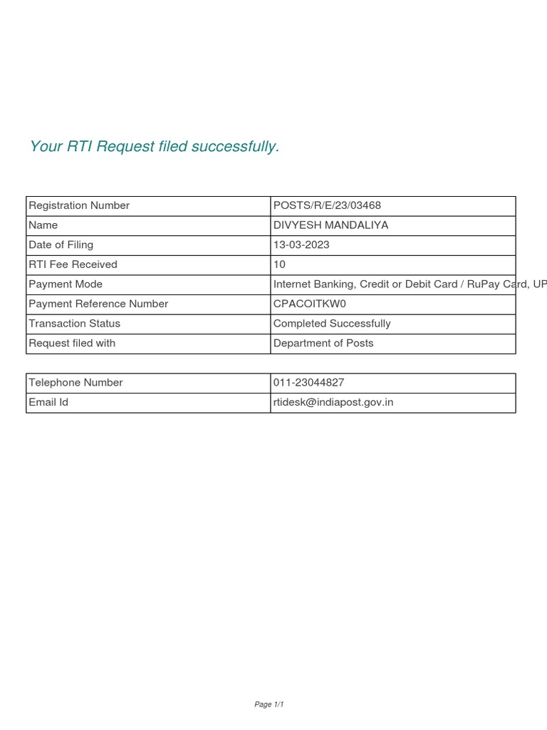 Successful RTI Request Confirmation | PDF