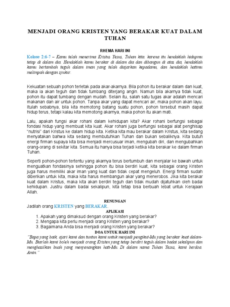 Menjadi Orang Kristen Yang Berakar Kuat Dalam Tuhan | PDF Menjadi Orang Kristen Yang Berakar Kuat Dalam Tuhan | PDF