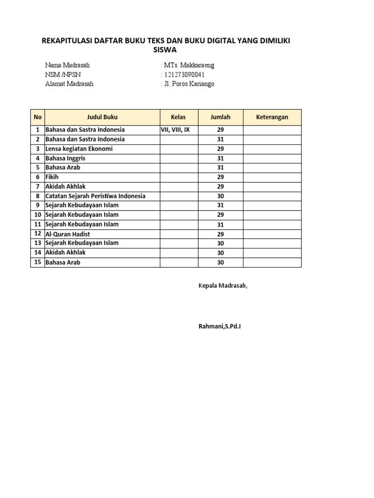 D.5. Rekapitulasi Daftar Buku Teks Dan Buku Digital Yg Dimiliki Siswa | PDF