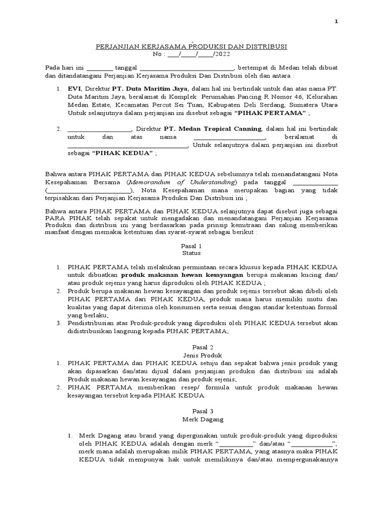 Contoh Perjanjian Kerjasama Produksi Dan Distribusi | PDF