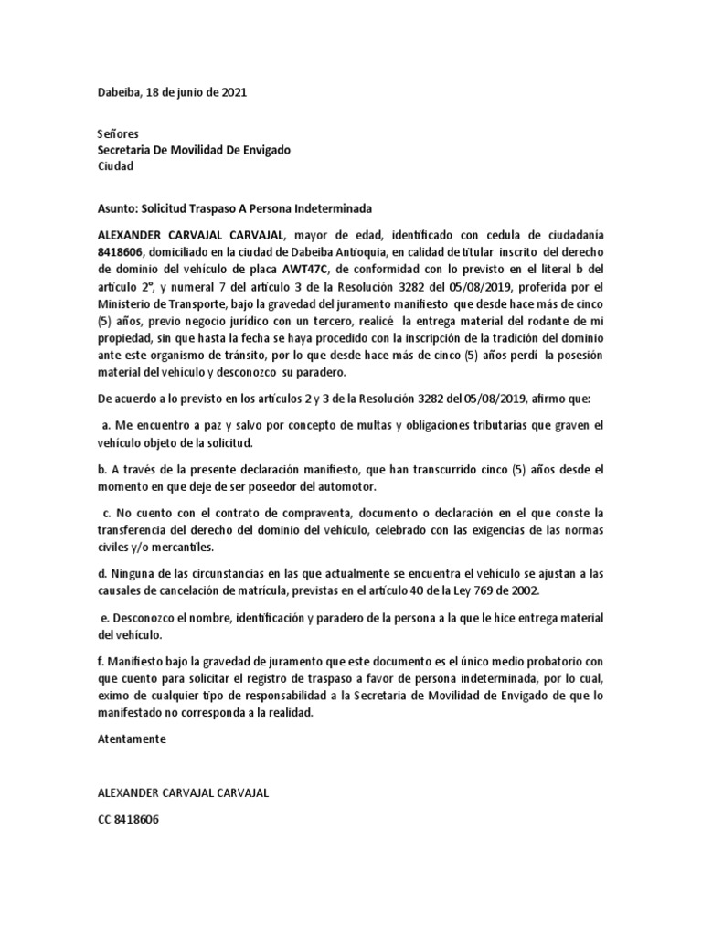 Solicitud de Traspaso a Persona Indeterminada | PDF