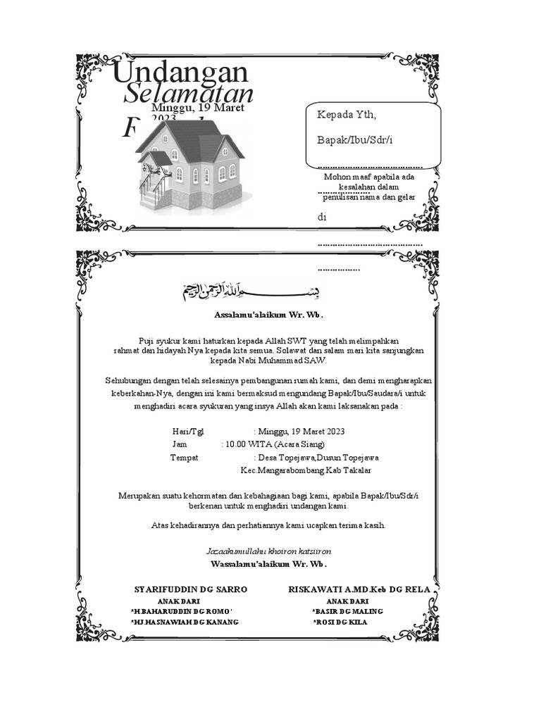 Undangan Selamatan Rumah 19 Maret 2023 | PDF