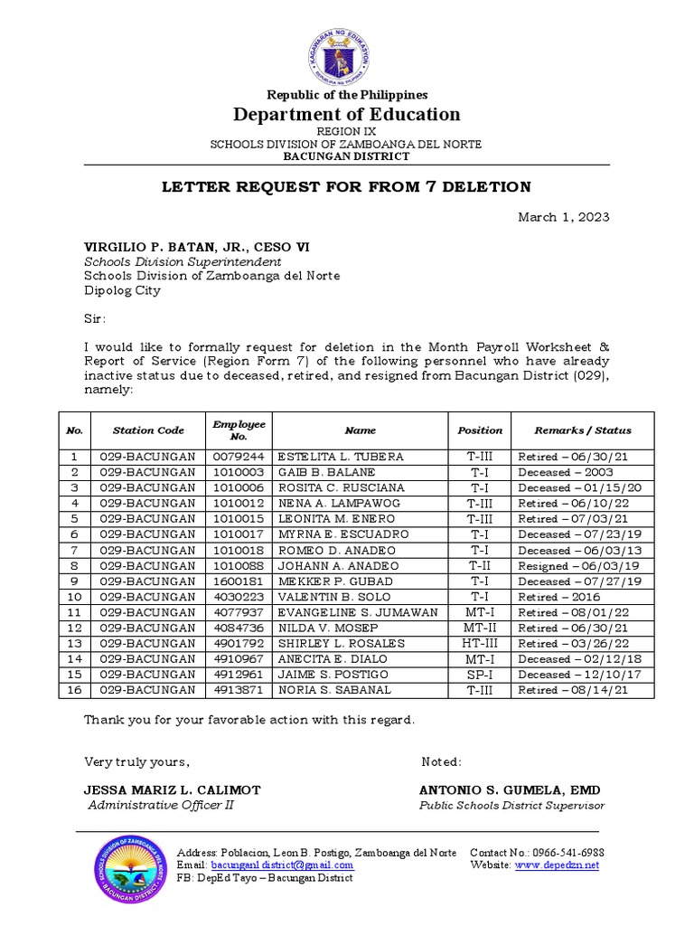 Letter Request For Payroll Deletion | PDF