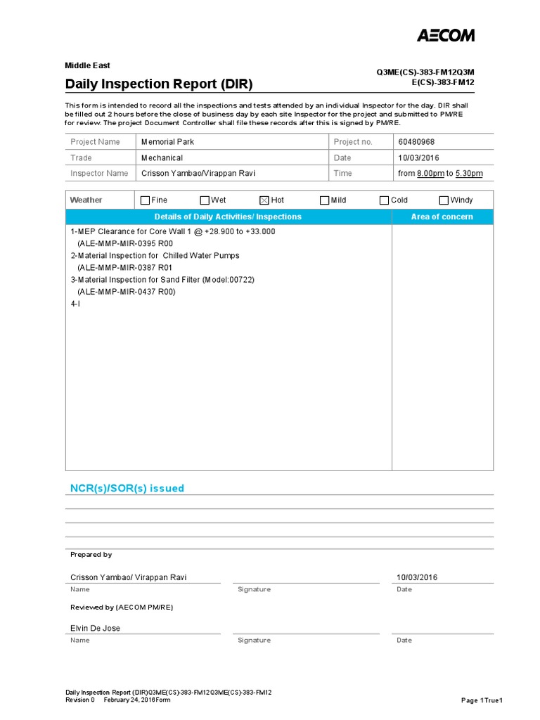 TP6 - Mech-Daily Inspection Report DIR 13-08-2017 | PDF