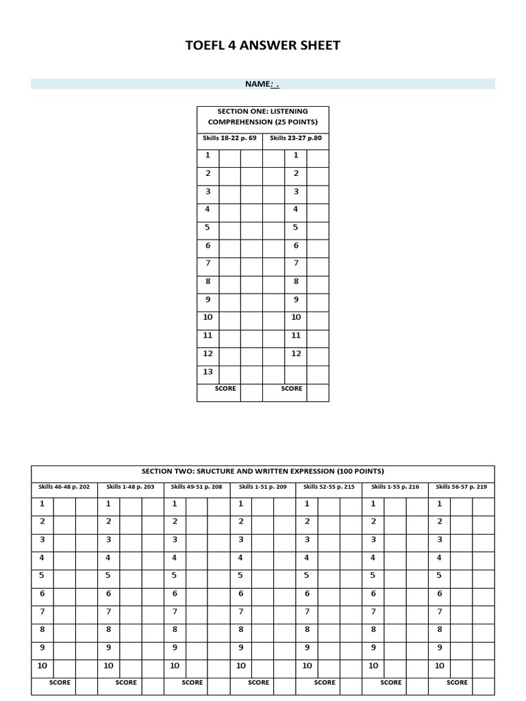 TOEFL 4 Answer Sheet Template | PDF | Test Of English As A Foreign ...