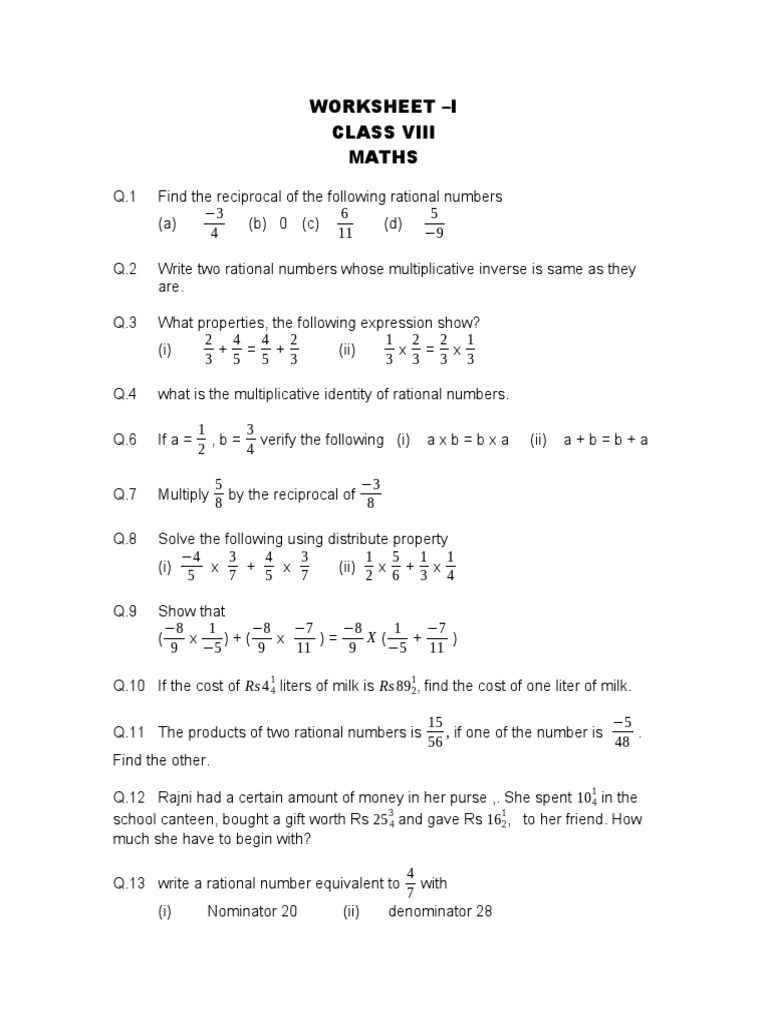Worksheet with Rational Number Questions | PDF | Multiplication ...
