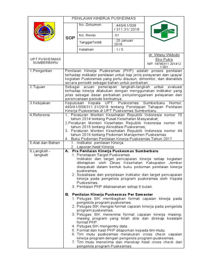 Sop 1.3.1.1 Penilaian Kinerja Puskesmas Yess | PDF