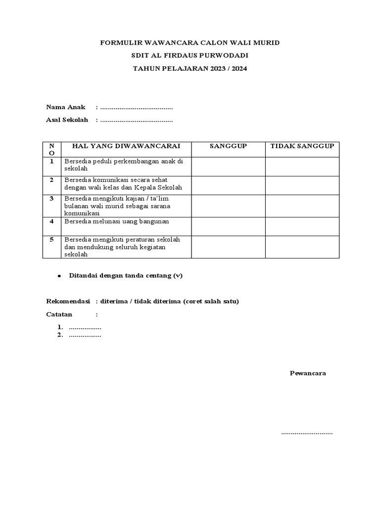 Formulir Wawancara Wali Murid SDIT 2023 | PDF