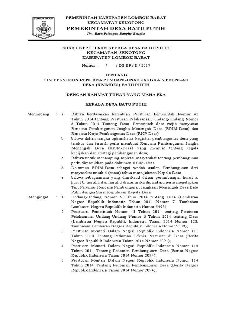 Tim Penyusun RPJM-Desa Batu Putih 2017 | PDF