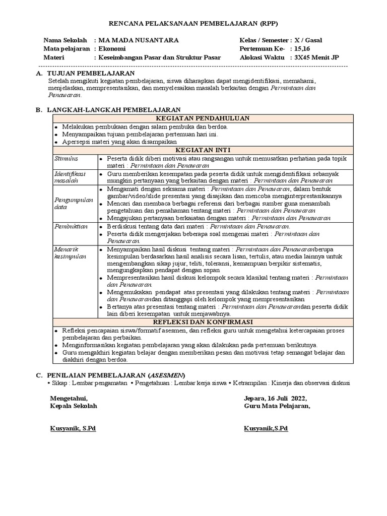 RPP BAB 4 - Keseimbangan Pasar Dan Struktur Pasar | PDF