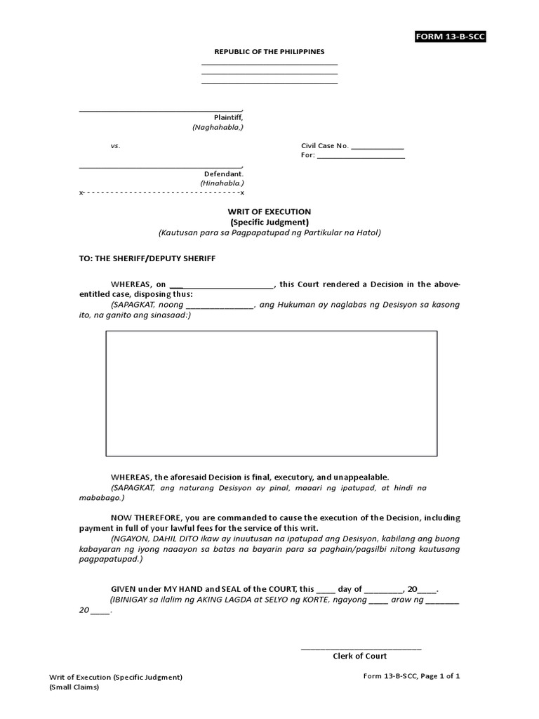 FORM 13 B SCC Writ of Execution Specific Judgment | PDF