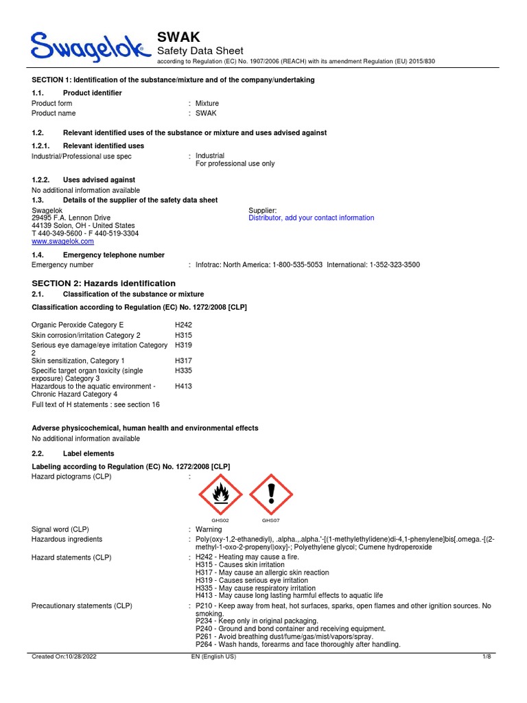 SWAK Safety Data Sheet | PDF | Dangerous Goods | Toxicity