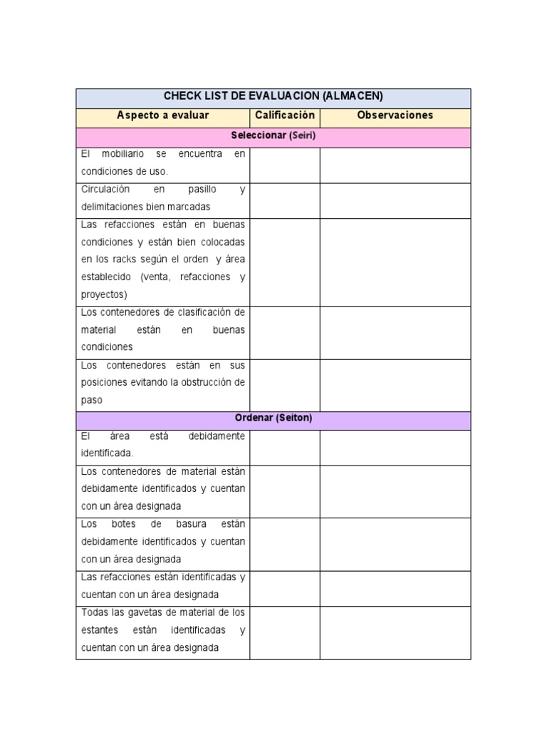 Check List de Evaluación 5S | PDF Check List de Evaluación 5S | PDF
