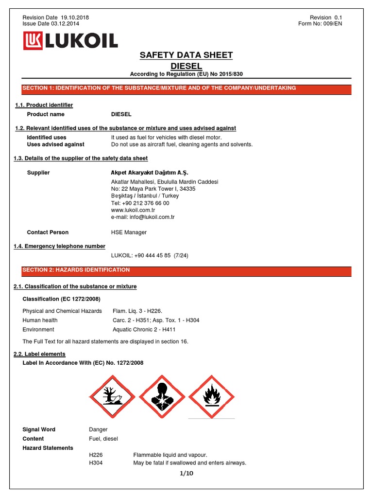 Diesel SDS en | PDF | Dangerous Goods | Toxicity