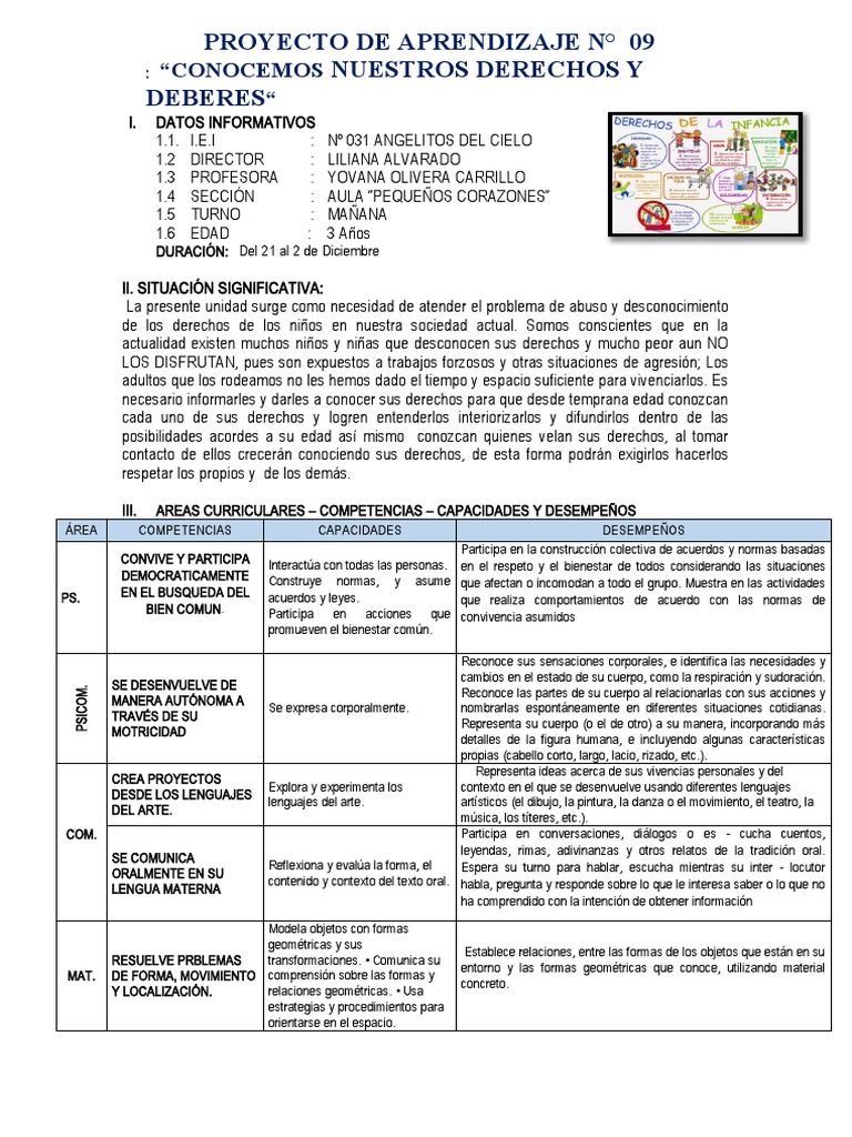 Proyecto 9 Derechos Del Niño | PDF | Aprendizaje | Evaluación